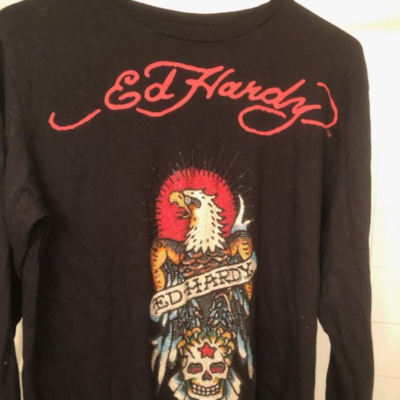 Ed Hardy | Shirts | Mens Rare Ed Hardy Black Rhinestones Crewneck Long ...